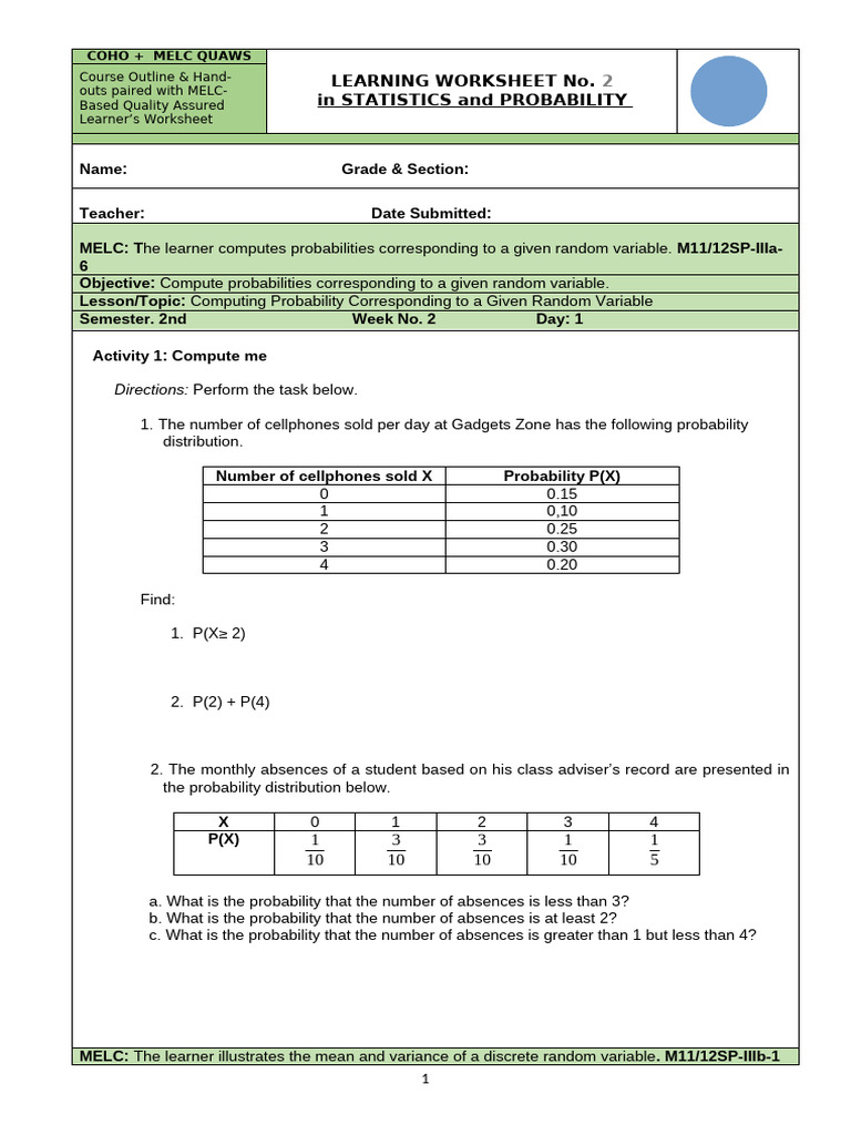 Statistics Week 2 Worksheet | PDF | Variance | Probability Distribution
