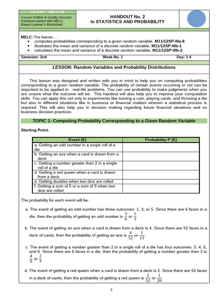 Statistics Handout Week 2 | PDF | Probability Distribution | Random Variable