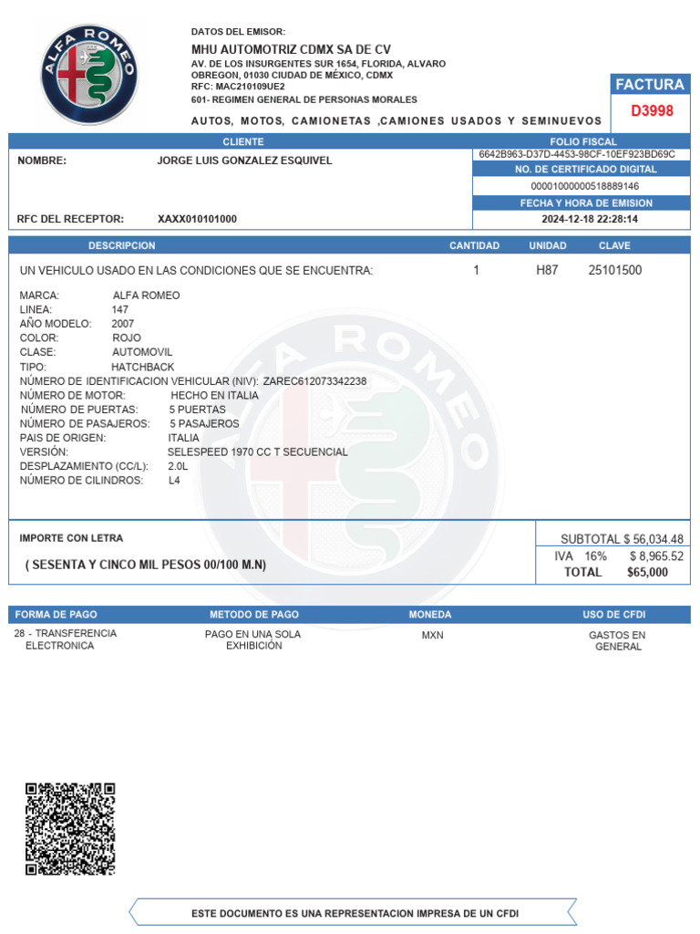 Factura Alfa Romeo 147 Selespeed 2007 | PDF | Vehículo de motor ...