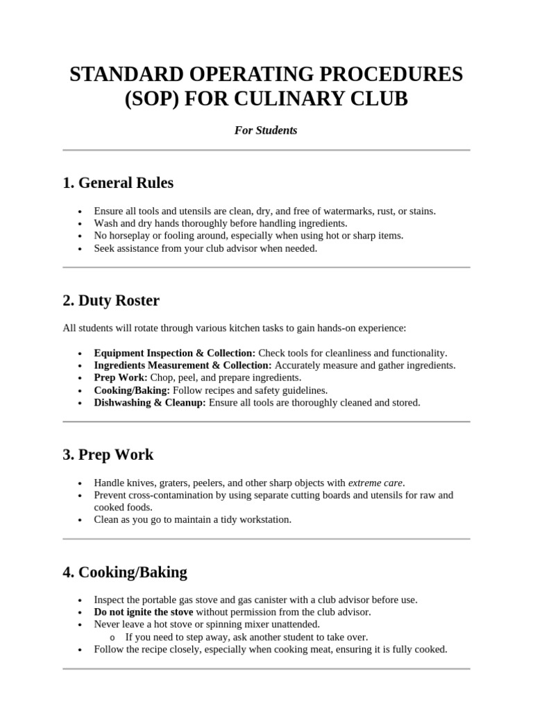 Culinary Club SOP Guidelines | PDF | Kitchen Utensil | Hygiene