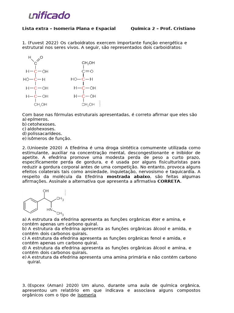 Lista Extra - Isomeria Plana e Espacial | PDF | Isômero | Moléculas