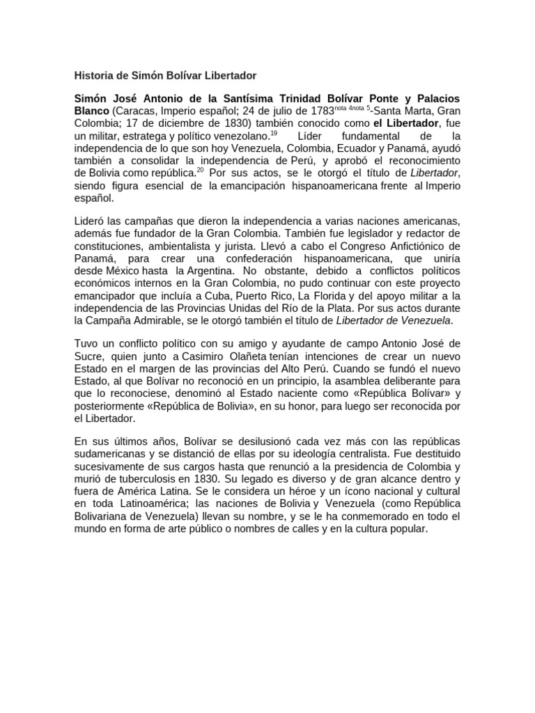 Historia de Simón Bolívar Libertador | PDF