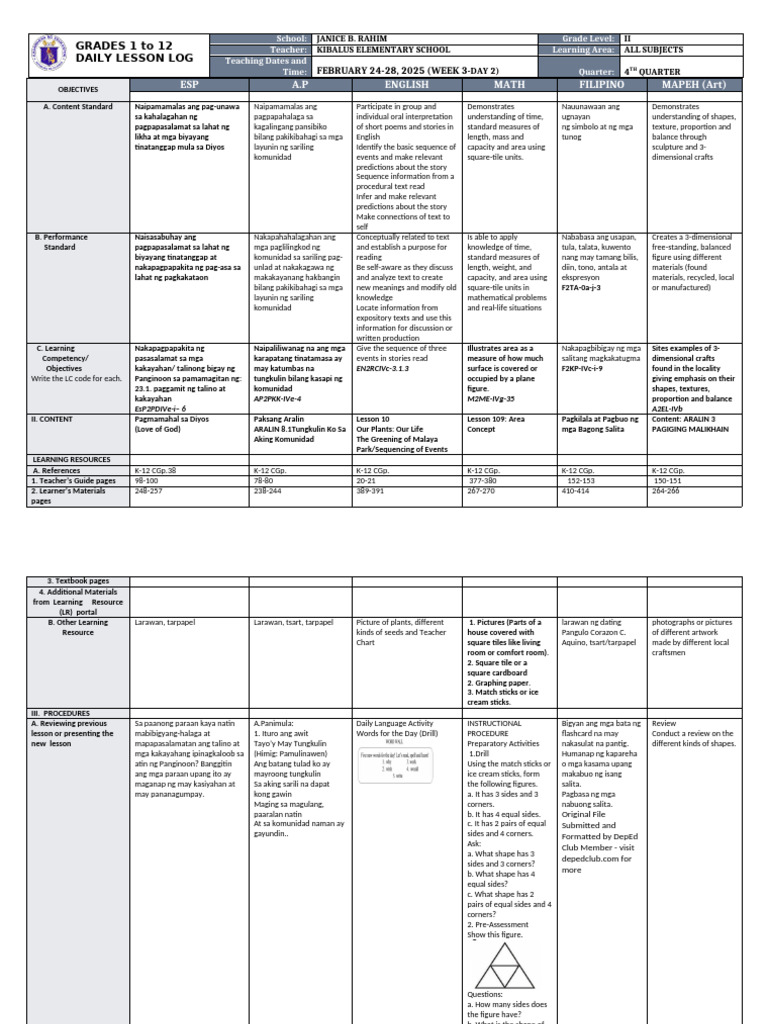 DLL_ALL SUBJECTS 2_Q4_W3_D2 | PDF