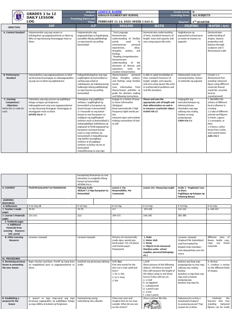 DLL All Subjects 2 q4 w1 d2 | PDF