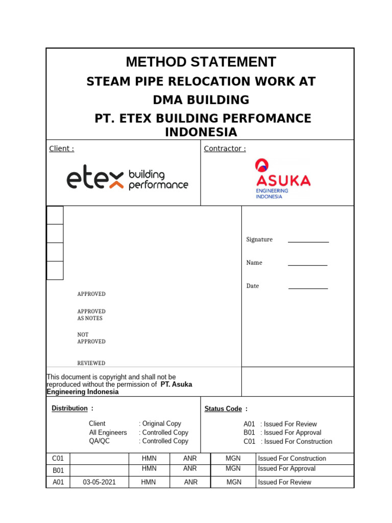 Methode Statement Steam Pipe Relocation at DMA Building | PDF | Pipe (Fluid Conveyance) | Welding