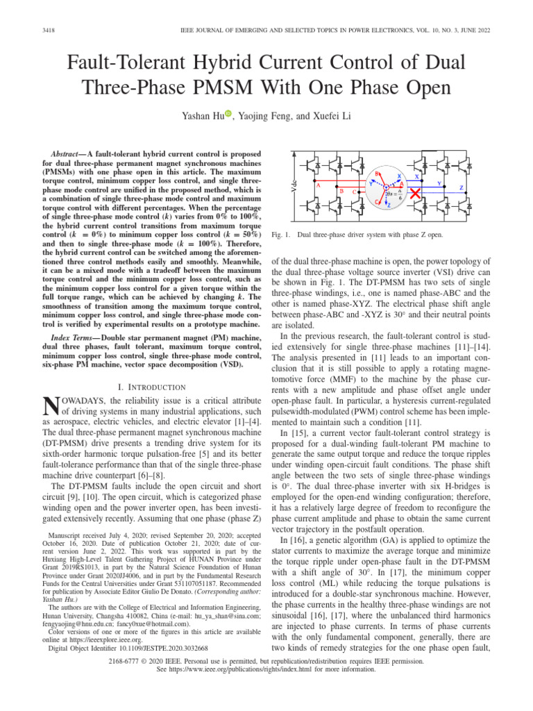 Fault-Tolerant Hybrid Current Control of Dual Three-Phase PMSM With One Phase Open | PDF | Phase ...