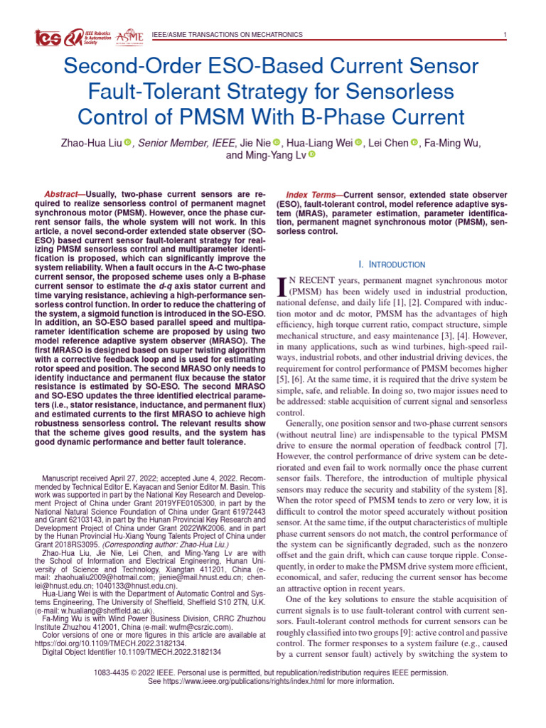 Second-Order ESO-Based Current Sensor Fault-Tolerant Strategy for Sensorless Control of PMSM ...