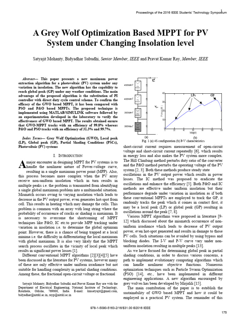 2016 - A Grey Wolf Optimization Based MPPT For PV System Under Changing Insolation Level | PDF ...