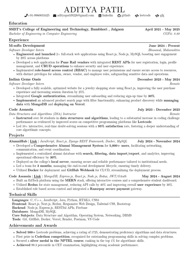 Aditya Patil Resume | PDF | Databases | Information Technology