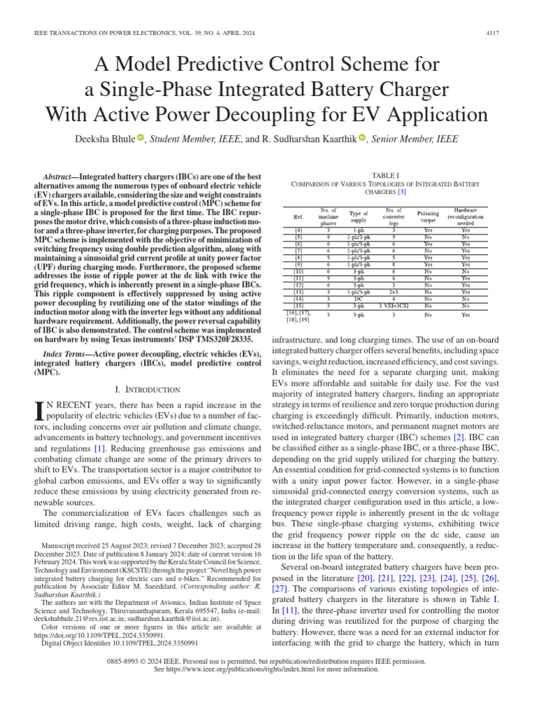 A Model Predictive Control Scheme For A Single-Phase Integrated Battery Charger With Active ...