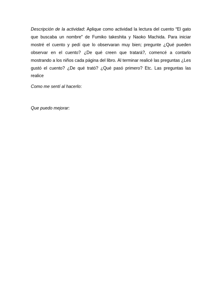 Actividad de Lectura: El Gato que Buscaba un Nombre | PDF