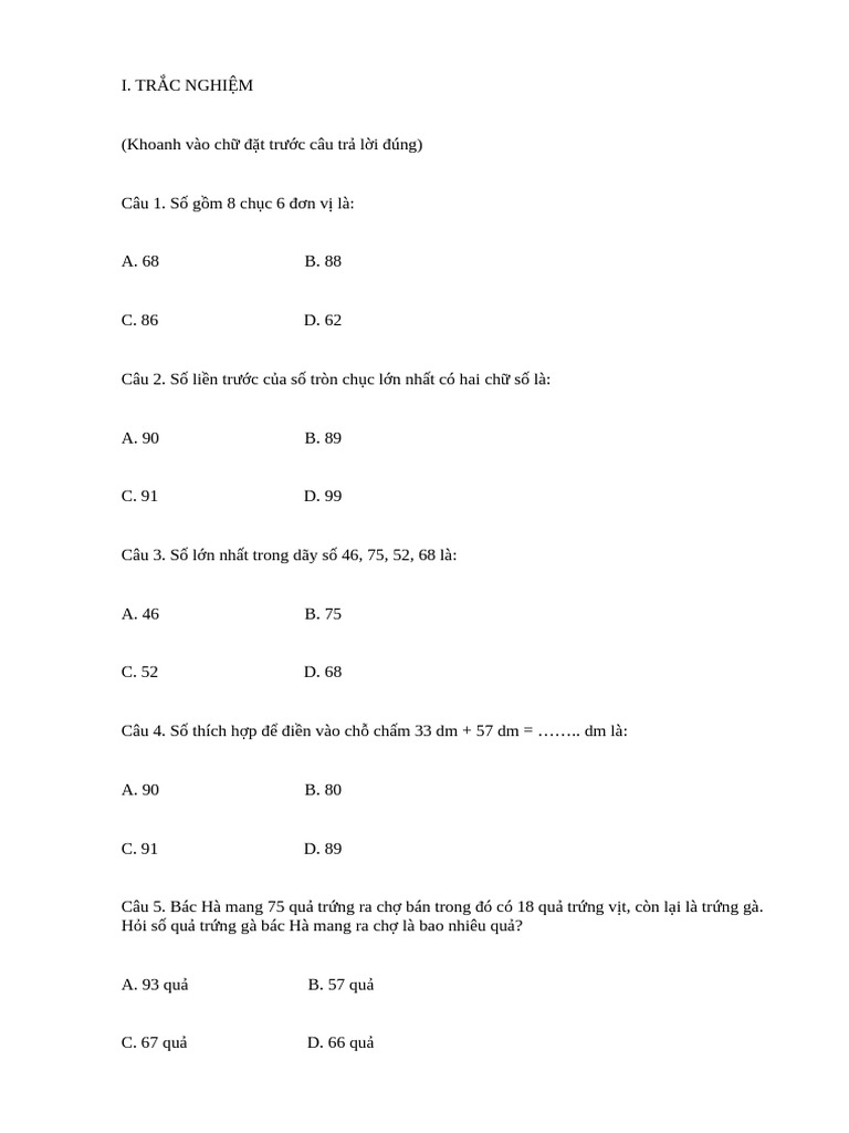 ĐỀ KIỂM TRA TOÁN LỚP 2 HK1 | PDF