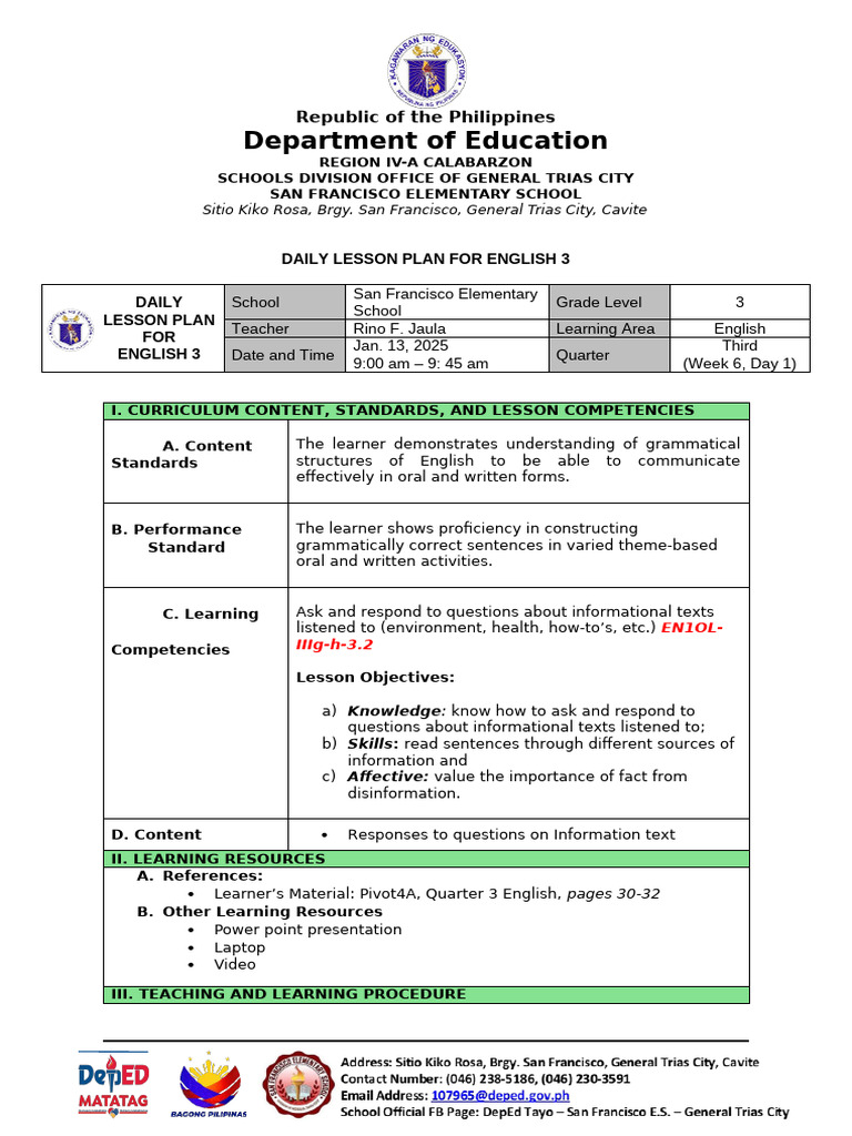 Dlp-Q3-W6-Day1 English3 Jaula Rino | PDF | Learning | Lesson Plan