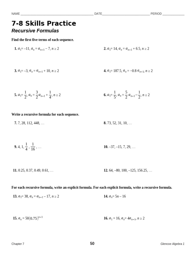 Recursive Formulas Practice Exercises | PDF