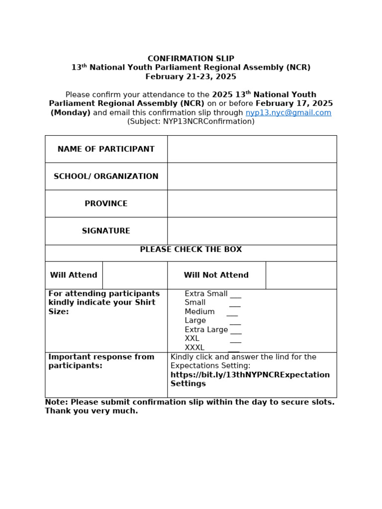 13th NYP Confirmation Slip Regional Assembly (NCR) | PDF