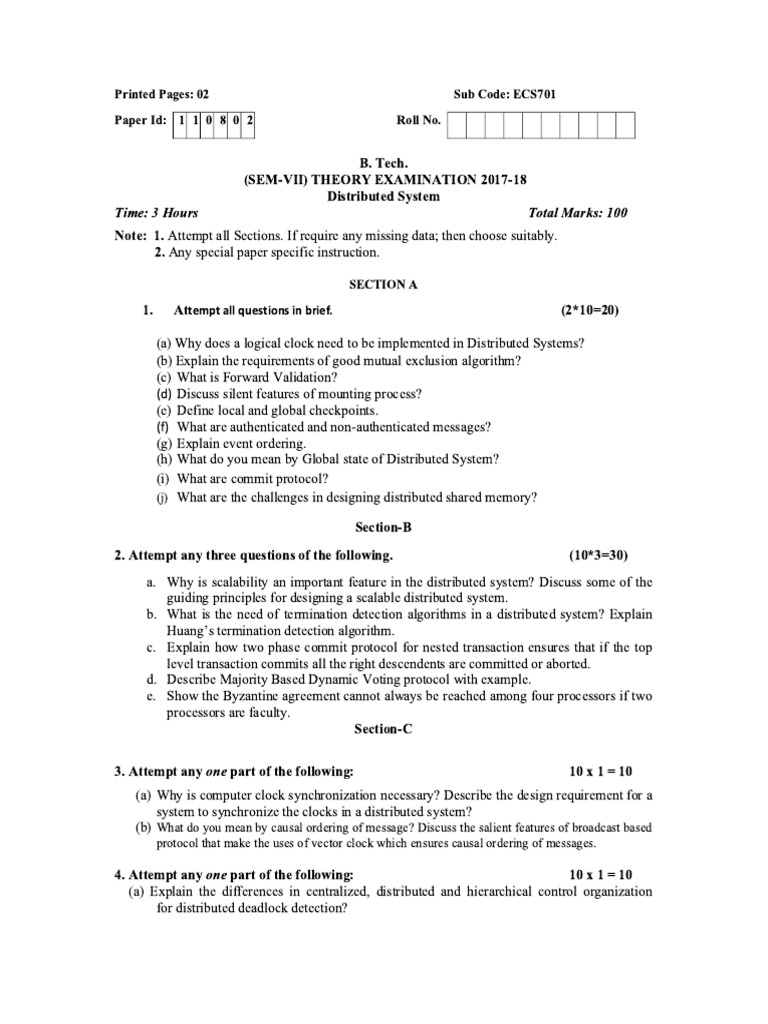 Btech Cs 7 Sem Distributed System v2 Ecs701 2018 | PDF