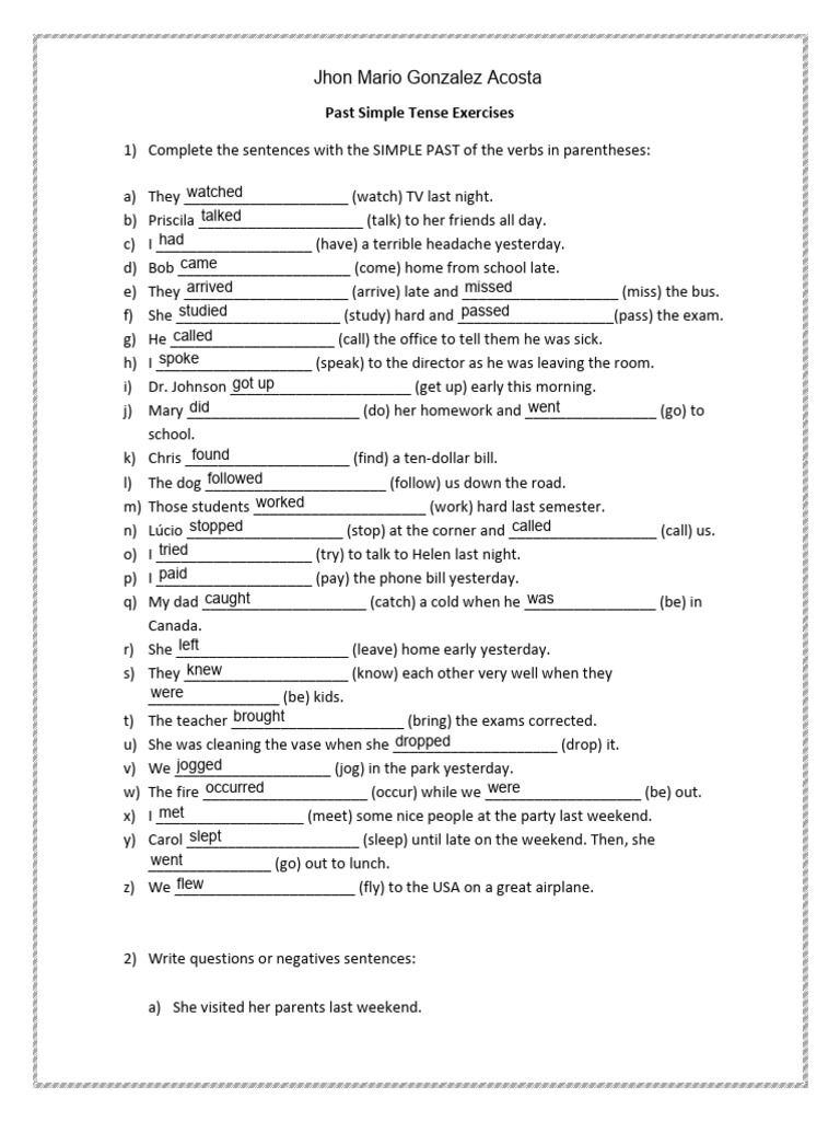Past Simple Tense Practice Exercises | PDF | Grammar | Linguistics