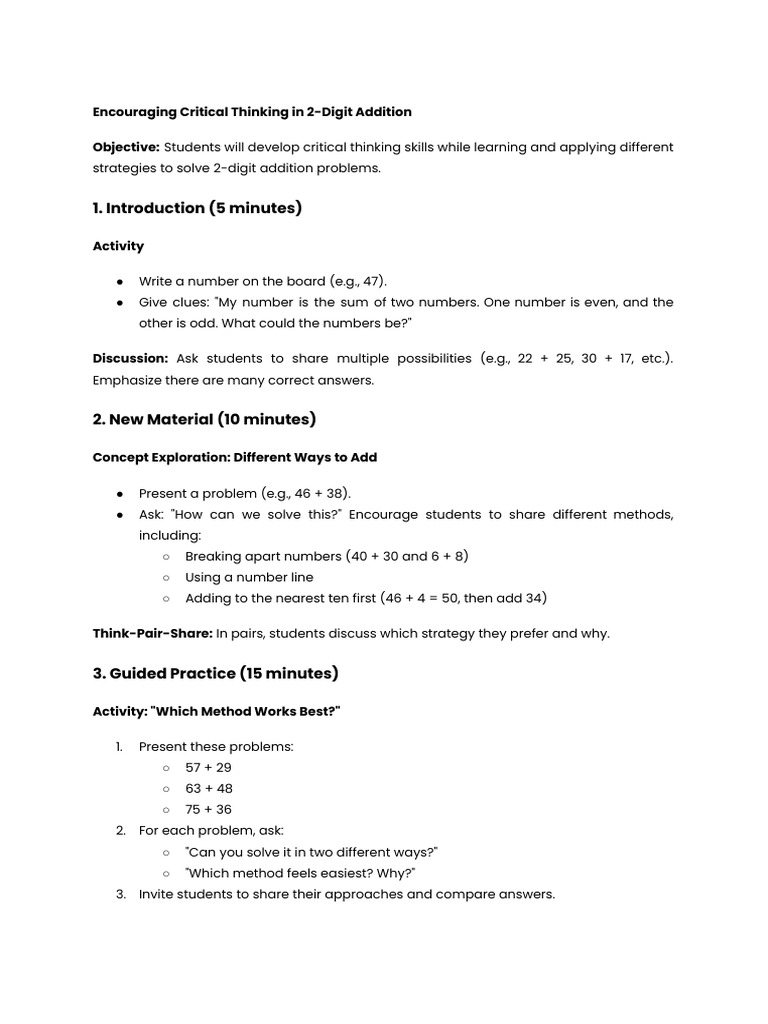 Encouraging Critical Thinking in 2-Digit Addition | PDF | Critical ...