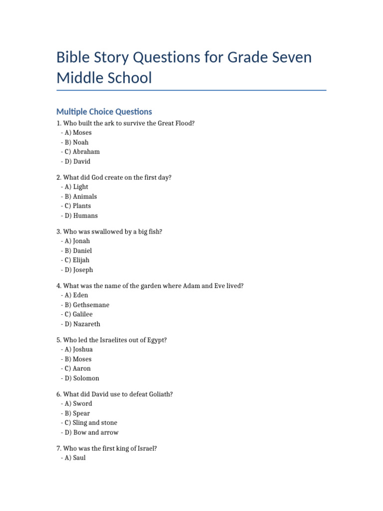 Bible Quiz Questions for Seventh Graders | PDF | Moses | David
