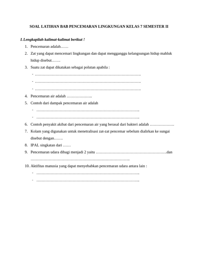 SOAL LATIHAN BAB PENCEMARAN LINGKUNGAN KELAS 7 SEMESTER II | PDF