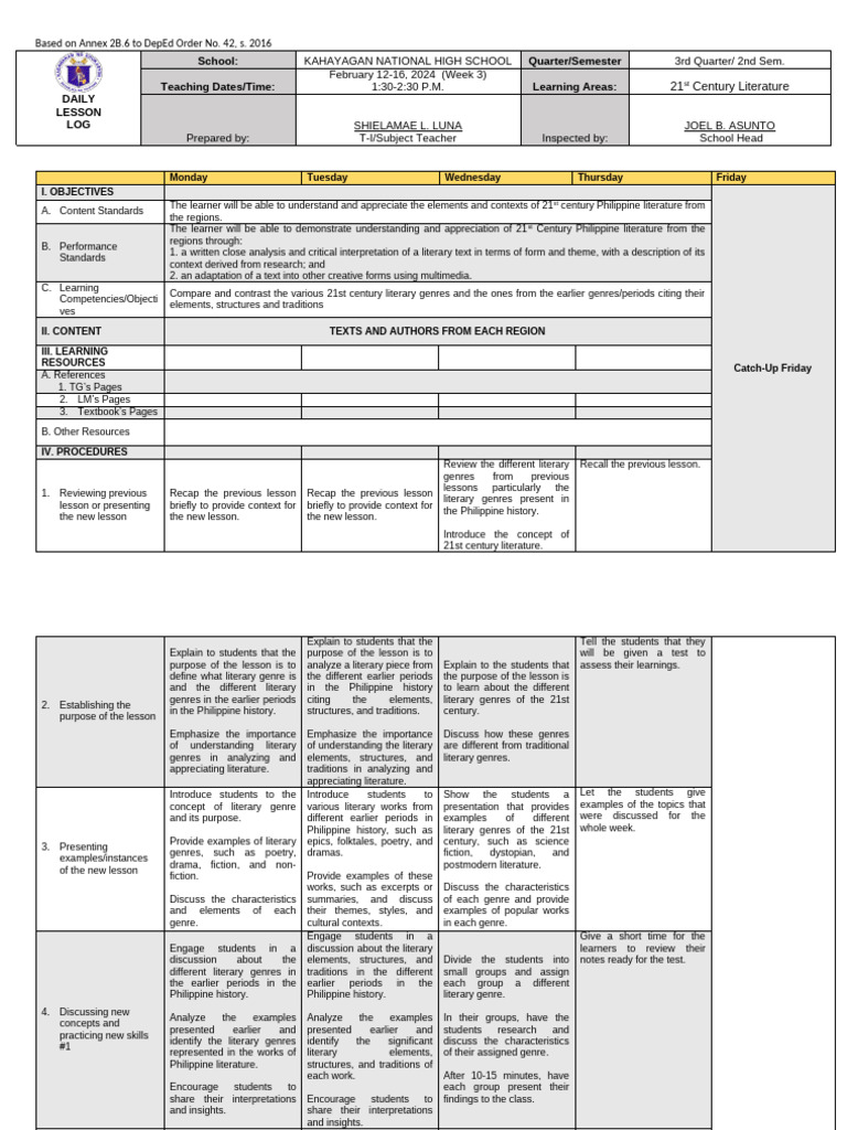 Daily Lesson Log: 21st Century Literature | PDF | Genre | Analysis