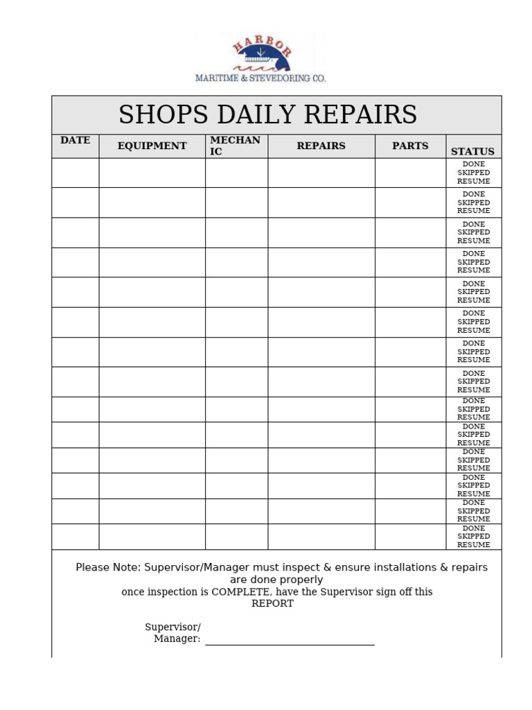 HMS - Shop Daily Repair Worksheet | PDF