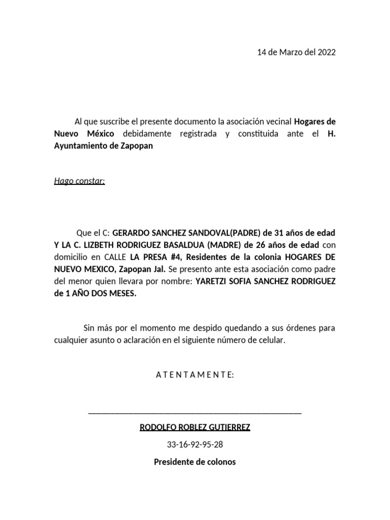 Constancia de Nacimiento (Vecinal) | PDF