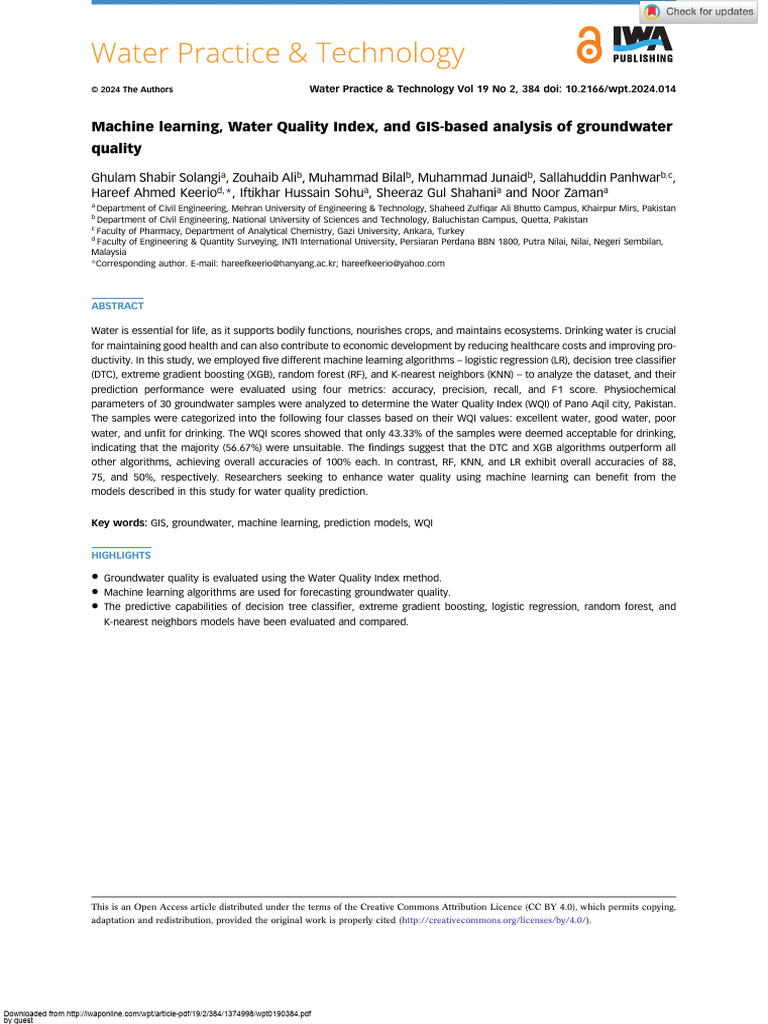 Machine Learning, Water Quality Index, and GIS-based Analysis of ...