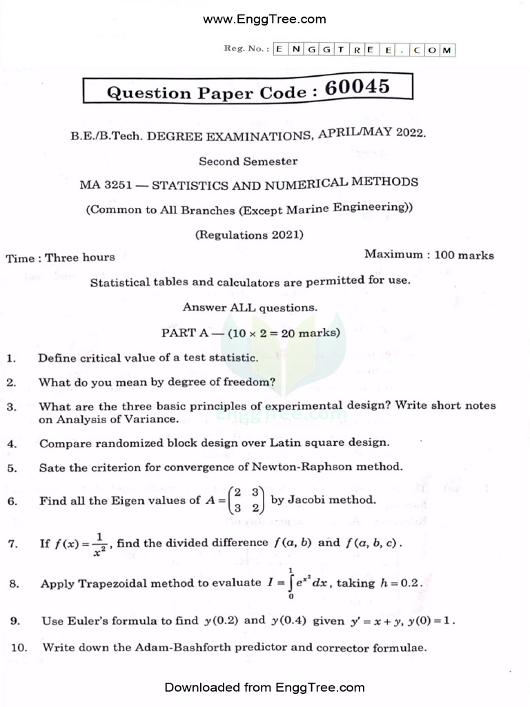 MA3251 Statistics and Numerical Methods Apr May 2022 Question Paper Download | PDF