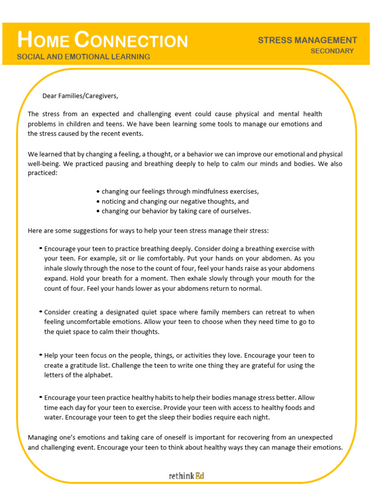 6-12 Stress Management Home Connection REVISED | PDF