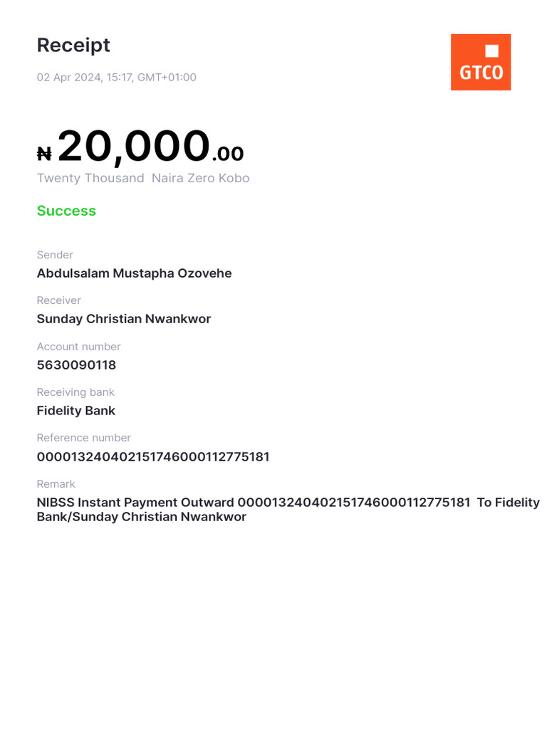 Successful Payment Receipt - ₦20,000 Transfer | PDF