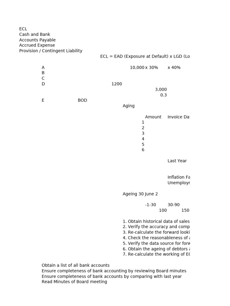 Substantive Procedures CA - ECL and Cash and Bank - Excel Working | PDF ...