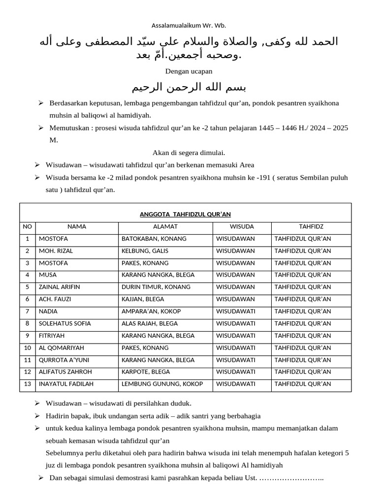 MC Wisuda Tahfidz | PDF