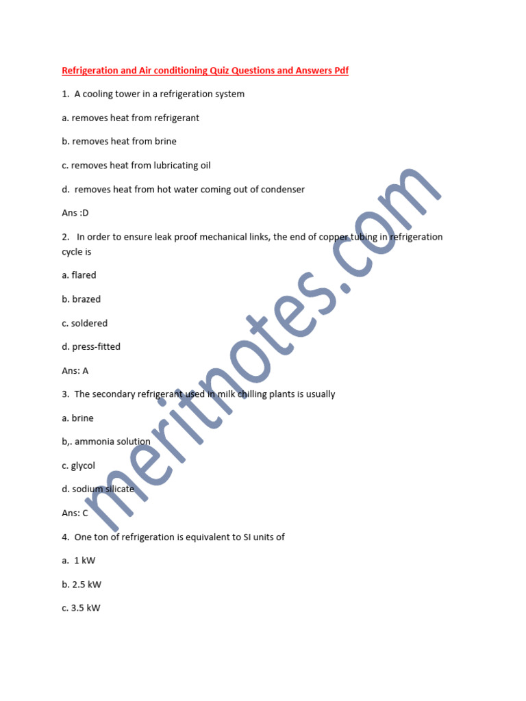 Refrigeration Air Conditioning Quiz Questions | PDF