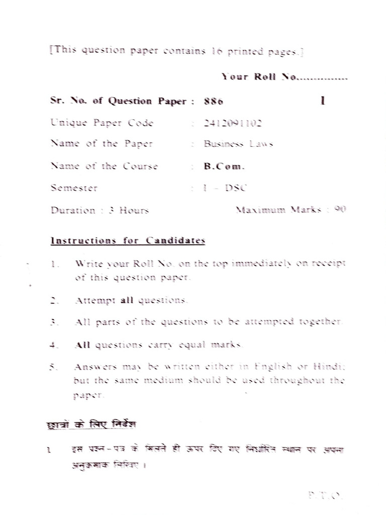 BCom Prog. Business Law Question Paper | PDF | Consent | Law Of Obligations