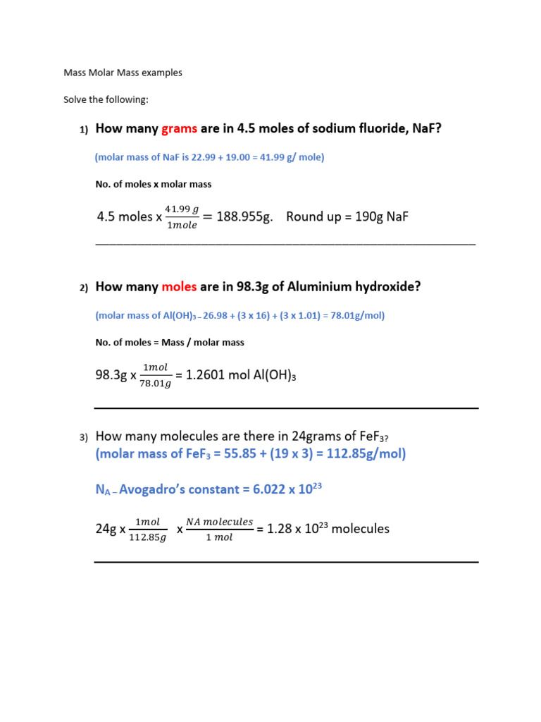 Mass Molar Mass Examples | PDF