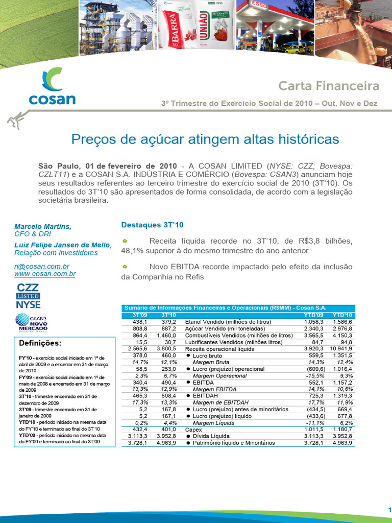 Resultados Financeiros da Cosan 3T'10 | PDF | Cana de açúcar | União ...
