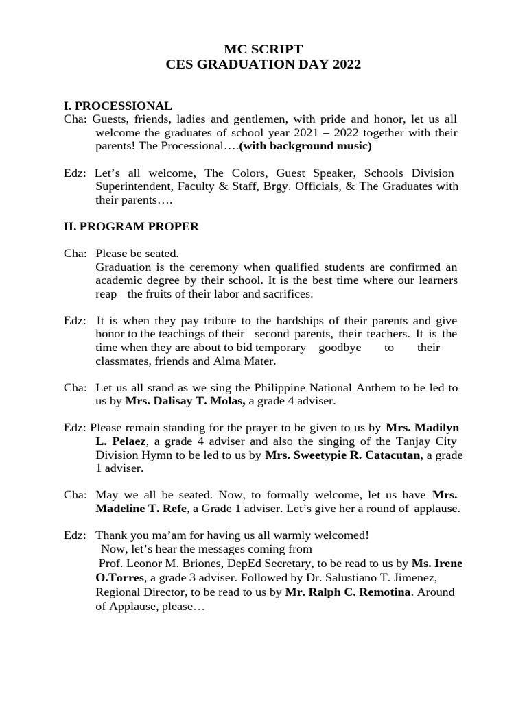 EMCEE SCRIPT FOR MOVING UP OR GRADUATION | PDF