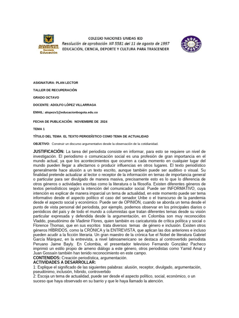 Grado Octavo Plan Lector Recuperación 2024 | PDF