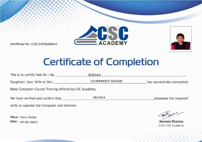 Seema BCC Certificate | PDF