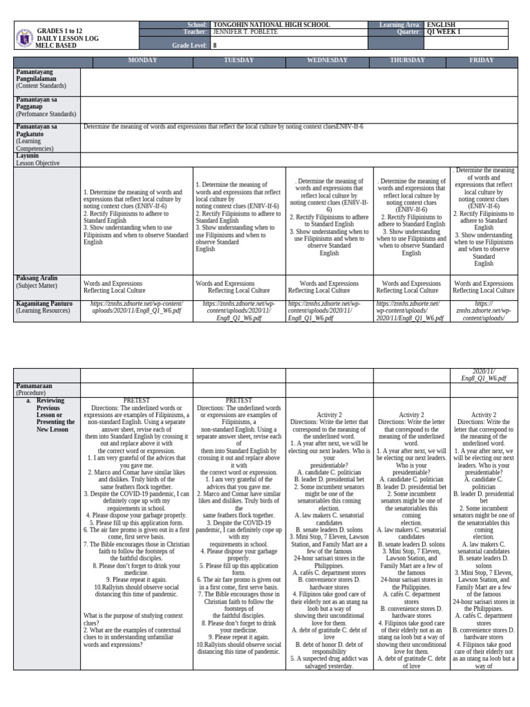 Melc DLL Eng 8 Week 1 Q1 Done | PDF
