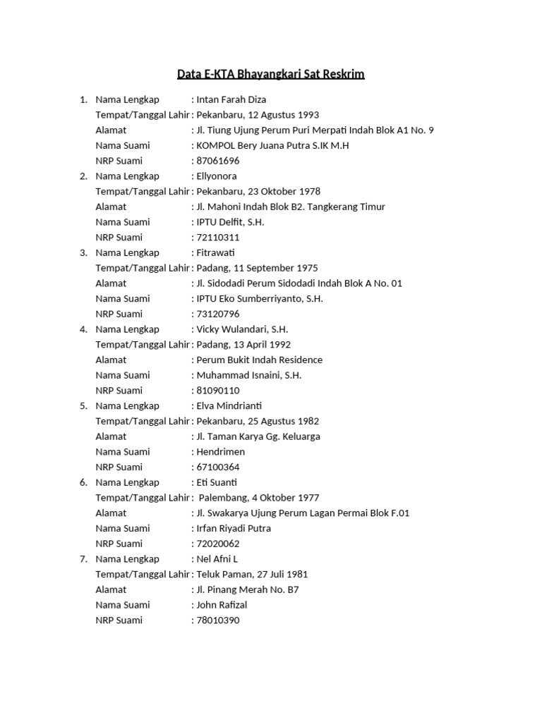 Data E-KTA Bhayangkari Sat Reskrim | PDF