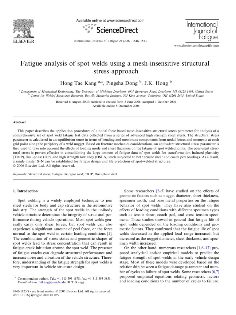 Fatigue Analysis of Spot Welds Using A Mesh-Insensitive Structural Stress Approach | PDF ...