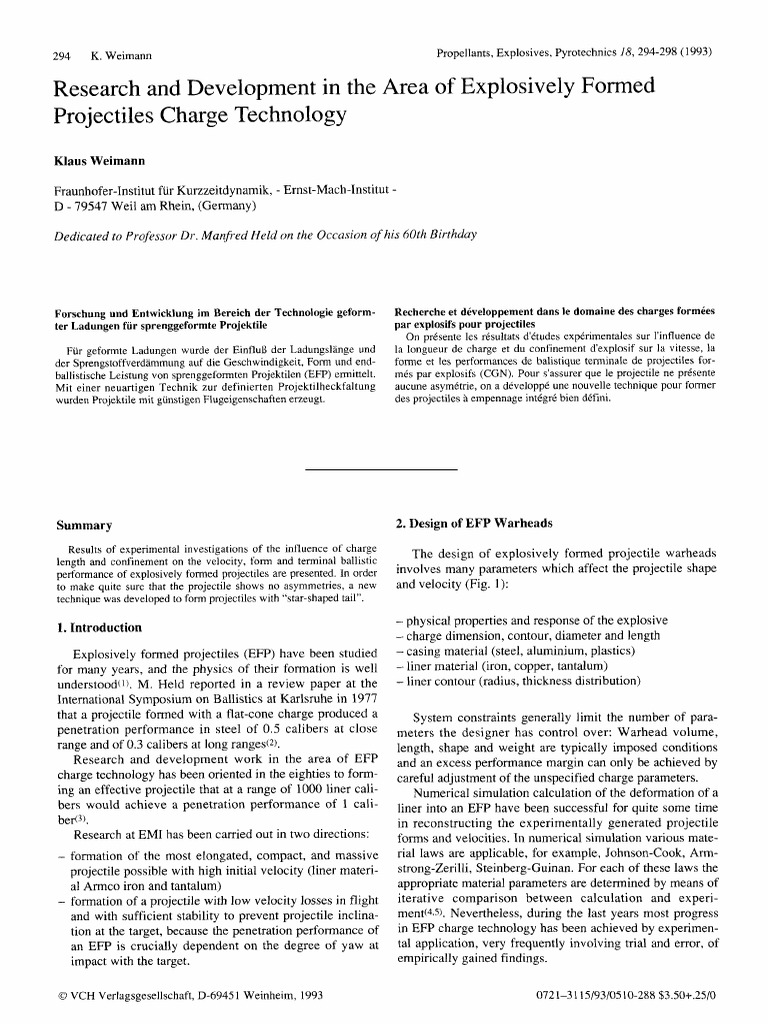 Research and Development in The Area of Explosively Formed Projectiles ...