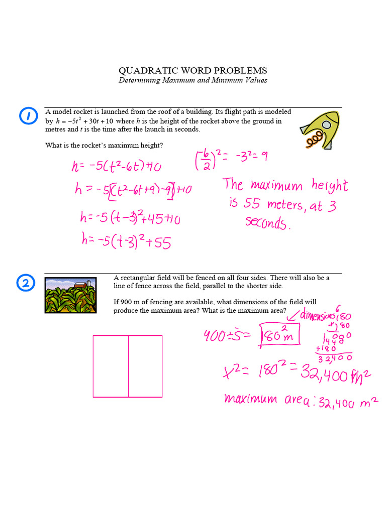 Quadratic Word Problems Guide | PDF | Length | Area