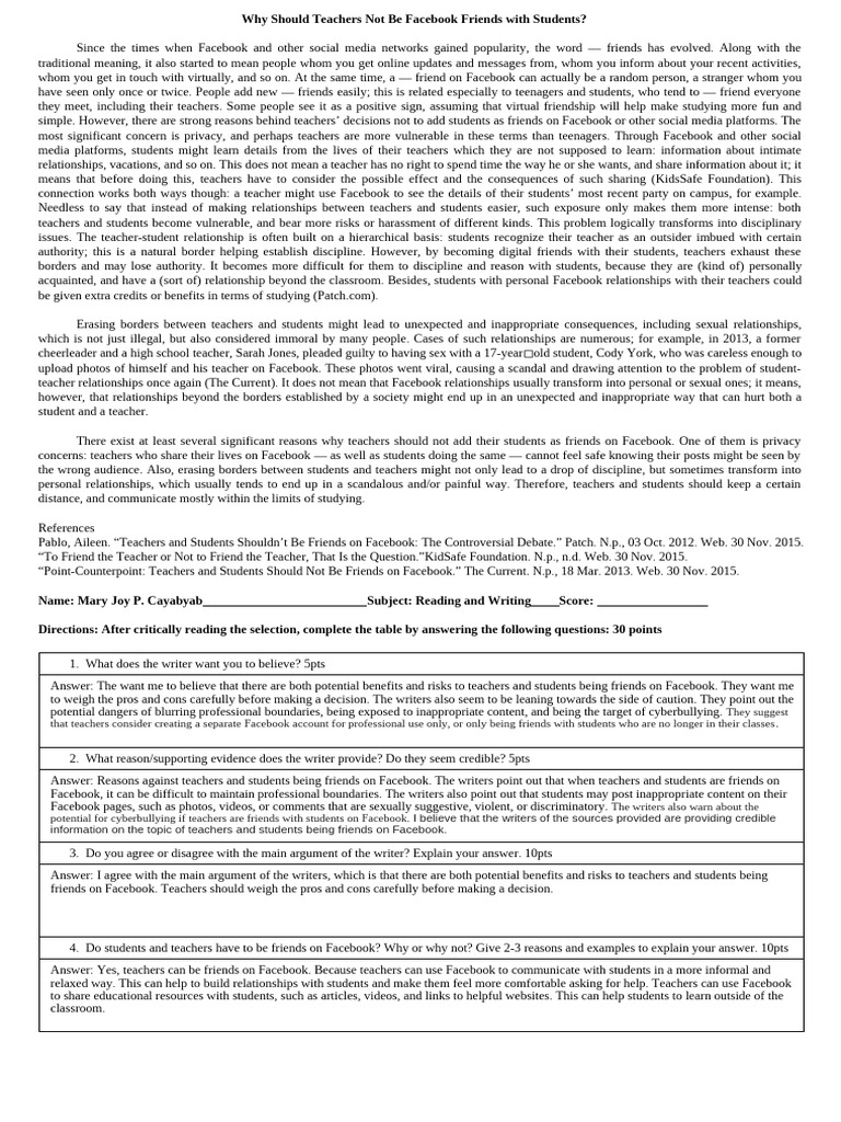 Reading and Writing 12 Assignment | PDF | Facebook | Adolescence