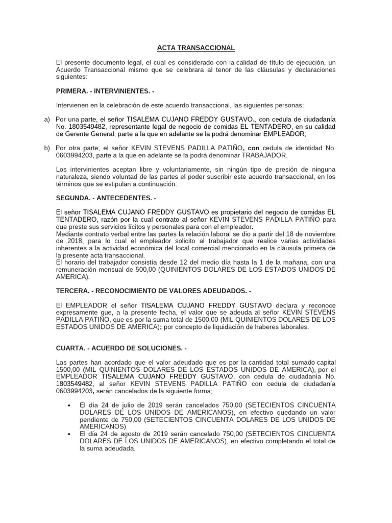 Acta Transaccional Kevin Padilla. | PDF