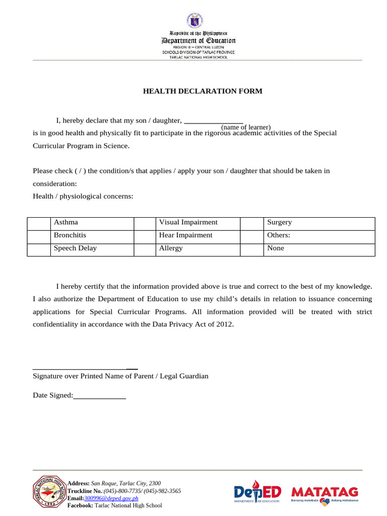 Health Declaration Form for Students | PDF