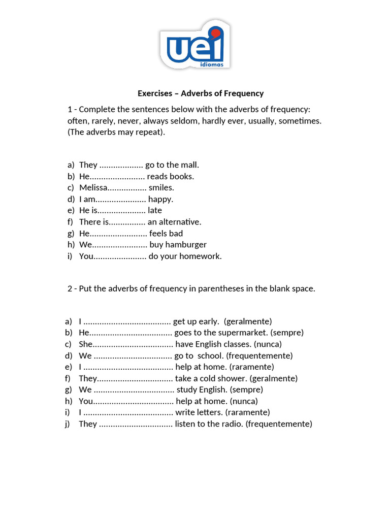 Exercises Adverbs of Frequency | PDF