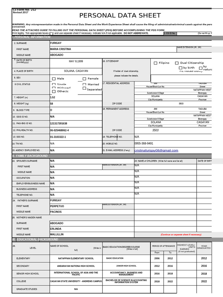 CS Form No. 212 Personal Data Sheet Revised | PDF | Identity Document ...